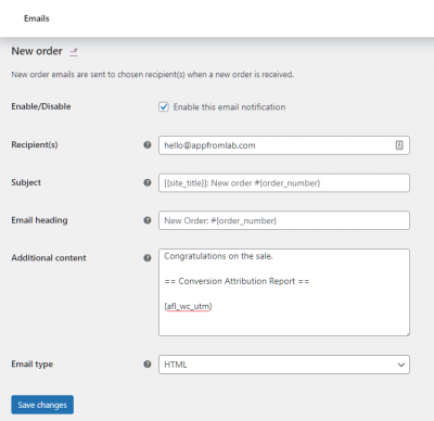Add conversion attribution report in the WooCommerce Email Notification - Appfromlab