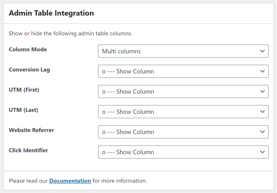 Admin Table Integration Settings - Appfromlab