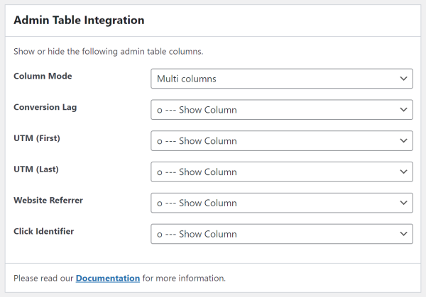 Admin Table Integration Settings - Appfromlab